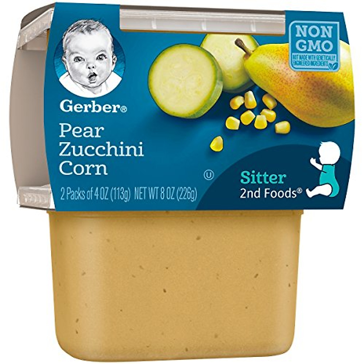 Gerber 2nd Foods Pear Zucchini Corn, 4 oz Tubs, 2 Count (Pack of 8)