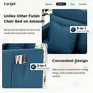 Esright 40 Inch Sleeper Bed 3-in-1 Convertible Futon Chair Multi-Functional Sofa Adjustable Reading Sofa with Modern Linen Fabric, Royal Blue