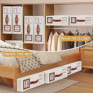 GhvyenntteS Bed Sheet Organizers and Storage 4 Pack (Queen & King Size), Foldable Sheet Organizers and Storage with Window and Label, Bed Sheet Organizer with Leather Handle, Beige