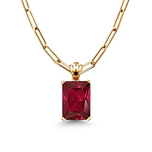 Gem Stone King 20.03 Ct Red Created Ruby Black Diamond 18K Yellow Gold Plated Silver Pendant with 3.25mm Paperclip Link Chain 18 inch with 2 inch Extender