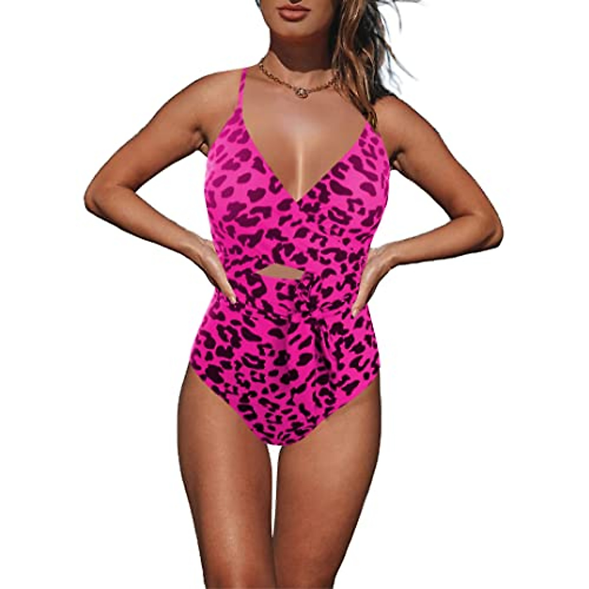 Avanova Womens Leopard Print High Waist One Piece Swimsuit Cut Out Tie Front Bathing Suit Hot Pink Small