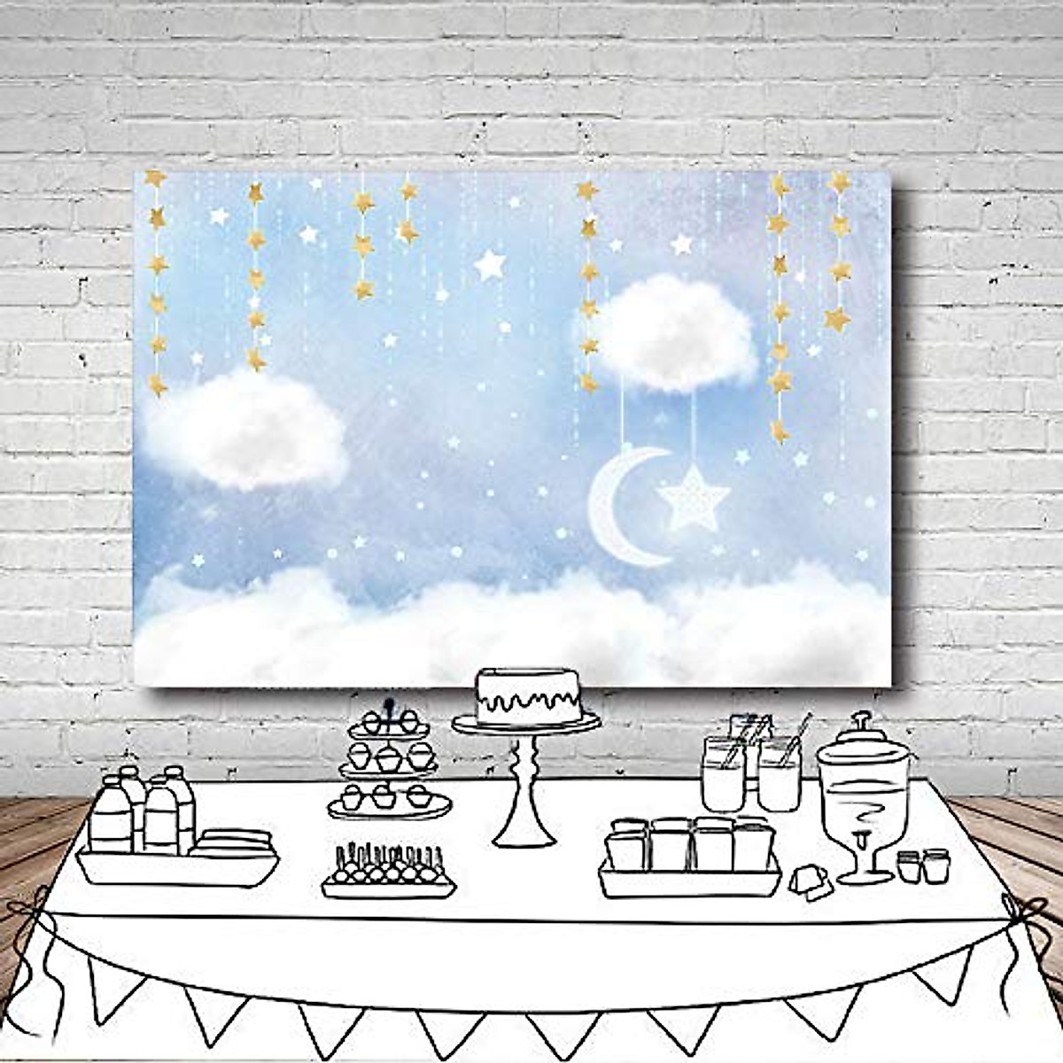 MEHOFOTO Blue and White Cloud Photo Studio Backdrop Props Prince Birthday Boy Baby Shower Party Decorations Hanging Gold Stars Twinkle Twinkle Little Stars Photography Background Banner 7x5ft