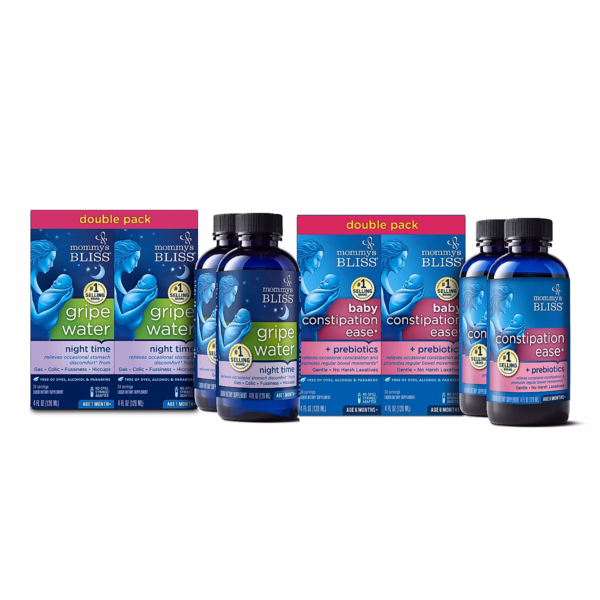 Mommy's Bliss Gripe Water Night Time 4 Fl Oz (Pack of 2) with Baby Constipation Ease 4 Fl Oz (Pack of 2) for Gas and Constipation Relief in Babies