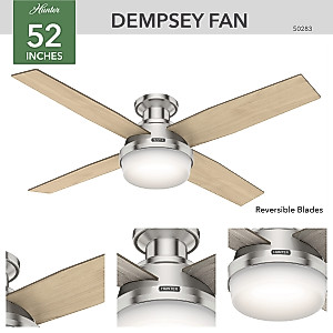 Hunter Fan Company Dempsey 52-inch Indoor Brushed Nickel Modern Ceiling Fan With Bright LED Light Kit, Remote Control, and Reversible WhisperWind Motor Included