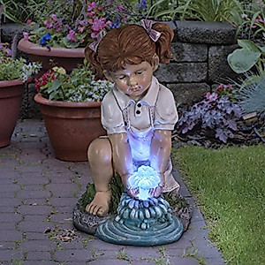 Exhart Garden Sculpture, Solar Girl Garden Statue, LED Water, Hand Painted Outdoor Garden Decoration, 7.5 x 13.5 Inch
