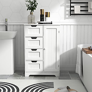 RASOO Bathroom Storage Cabinet White Freestanding Floor Storage Cupboard Adjustable Shelf with 4 Drawers and 1 Door