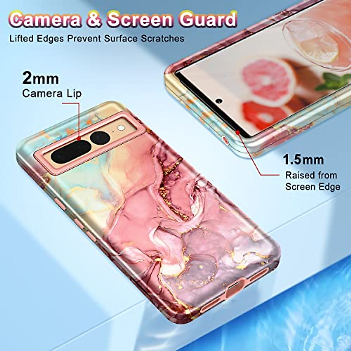 Btscase Case, Marble Pattern 3 in 1 Heavy Duty Shockproof Full Body Rugged Hard PC+Soft Silicone Drop Protective Women Girl Covers for Google Pixel 7 Pro (2022), Rose Gold
