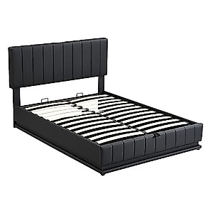SIYSNKSI Full Size Upholstered Bed with Hydraulic Storage System and LED Light, PU Leather Upholstered Platform Bed Frame with Adjustable Headboard and USB Ports for Kids Teens Adult Bedroom