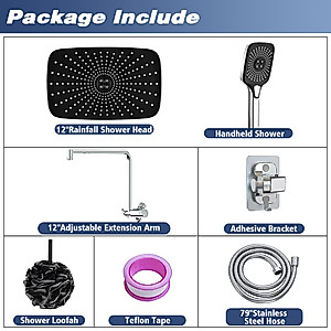 12" Rain Shower Head with Handheld Spray 4 Settings High Pressure Shower Head Rainfall Showerhead with Handheld Sprayer + 12" Shower Head Extension Arm,79" Shower Hose, 12" x 8" Rectangle Shower Heads
