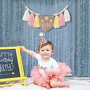 HGFC Daisy Tassel High Chair Banner - Wood Bead Tassel 1st Birthday Banner - Daisy Theme First Birthday Party Decoration - 1st Birthday Baby Girls Tassel Garland