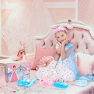 Hapgo Princess Dress Up Shoes and Pretend Jewelry Toys Set, 2 Pairs of Princess Shoes with Cape Tiara Crowns Earrings Necklaces Bracelets Rings Wands Bag Role Play Shoes for Girls Aged 3-6 Years Old