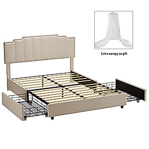 Queen Size Upholstered Platform Bed Frame with 2 Storage Drawers & Adjustable Rivets Headboard, Linen Bed Frame with Extra Dome Bed Canopy for Boys Girls Teens Adults, No Box Spring Needed (Beige)