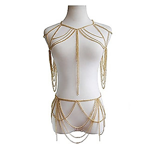 Sinkcangwu Sexy Body Chain Set Layered Necklace Bra Waist Chain Summer Fashion Bohemian Jewelry Suit for Beach Party Holidy (Gold)