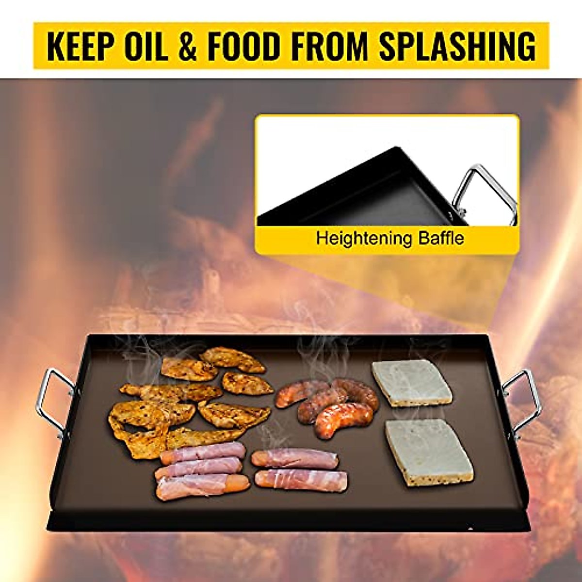 VEVOR Carbon Steel Griddle, Griddle Flat Top Plate, Griddle for BBQ Charcoal/Gas Gril with 2 Handles, Rectangular Flat Top Grill with Extra Drain Hole for Tailgating and Parties (16"x24")