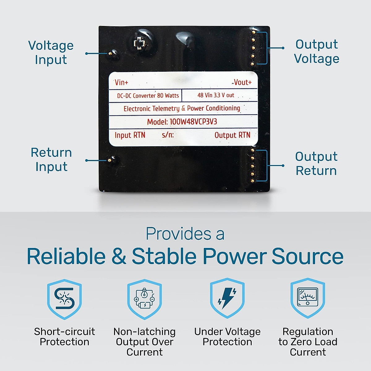 Telemetry - High-Efficiency DC-DC Isolated DC to DC Converter, 48V to 3.3V, 26A, Non-Latching, Overload Protection, High Reliability (2.8M Hours), Durable for Extreme Environments