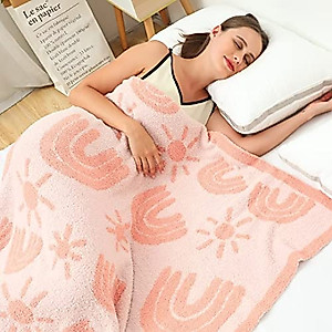 Luxury Fleece Rainbow Sunshine Pattern Throw Blanket Knitted Ultra Soft Reversible Blanket Air Feel Cozy Warm for Bed Sofa Couch in All Seasons, 51"x63", Pink