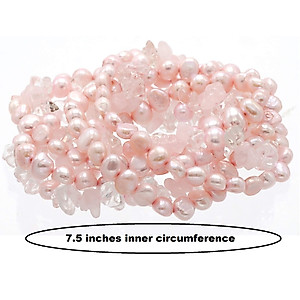 LTC Designs Set of 7 Dyed Pink Cultured Freshwater Baroque (5.5-6mm) Pearl and Rose/Crystal Quartz Stretch Bracelets, 7.5" for Women