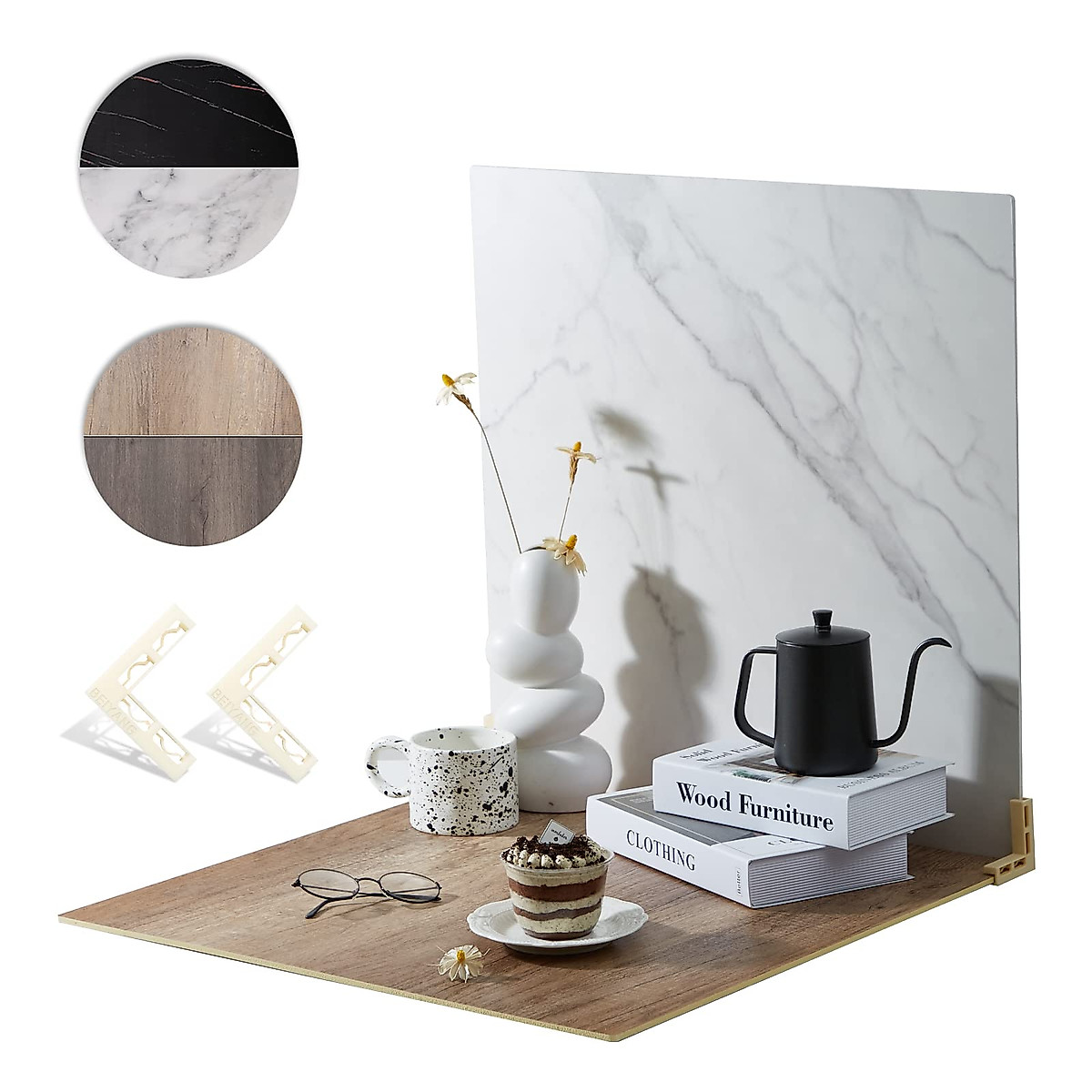 BEIYANG Double Sided 2 PCS Backdrop Boards, 24x24 inch with 2 Brackets Wood and Marble Backdrop Boards for Flat Lay or Food Jewelry Cosmetics Shooting