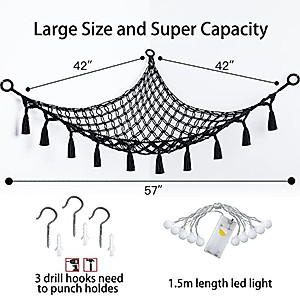 Stuffed Animal Net or Hammock with Light,Yewiwin Macrame Hanging Net Hammock for Stuffed Animal Toy Storage Organizer Boho Decor Room Holder for Nursery Play Room Bedroom (Black)