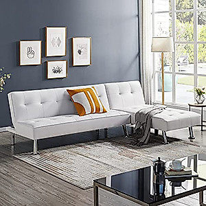 Topeakmart Convertible Sofa Bed Tufted Faux Leather Couch Bed with Chrome Metal Legs Adjustable Backrest Easily Converts to Recliner and Bed Comfortable Sofa for Living Room/Bed Room/Apartment,White