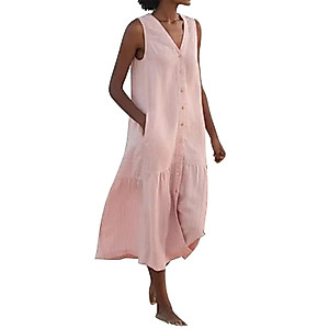 Women Summer Cotton Linen Dress Sleeveless Button Up V-Neck Loose Long Dress with Pockets Vacation Long Dress