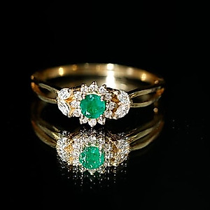 Rosec Jewels Natural Emerald Diamond Flower Ring for Women, AAA Quality, Certified Emerald Flower Engagement Ring, 14K Yellow Gold, Size:US 7.50