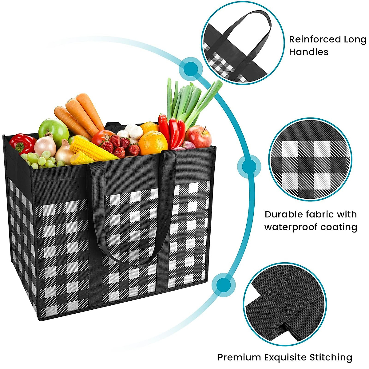 WOWBOX Reusable Grocery Bags,6-Pack, Foldable Reusable Shopping Tote Bags bulk with Reinforced Handles,Large Storage Bags with Water Resistant Coating for Groceries,Multipurpose,Black-White