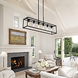 HCCZ 6 Light Dining Room Light Fixture Black Farmhouse Chandelier Kitchen Island Pendant Lighting Rectangle Modern Industrial Living Room Hanging Lights Adjustable Height