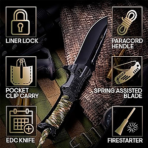 Grand Way Pocket Knife - Tactical Folding Knife - Spring Assisted Knife with Fire Starter Paracord Handle - Best EDC Survival Hiking Hunting Camping Knife - Knife with Firestarter and Whistle 6772