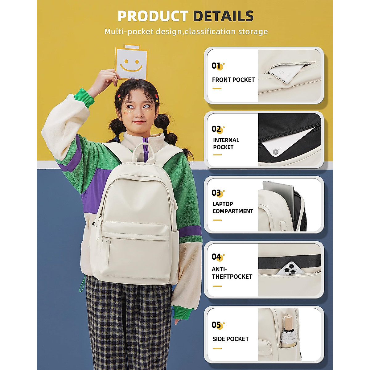 VECAVE Lightweight Backpack for Women Men,Travel Casual Daypack Laptop Rucksack, Waterproof College High Secondary Bookbag PU Leather Computer Laptop Bag Beige