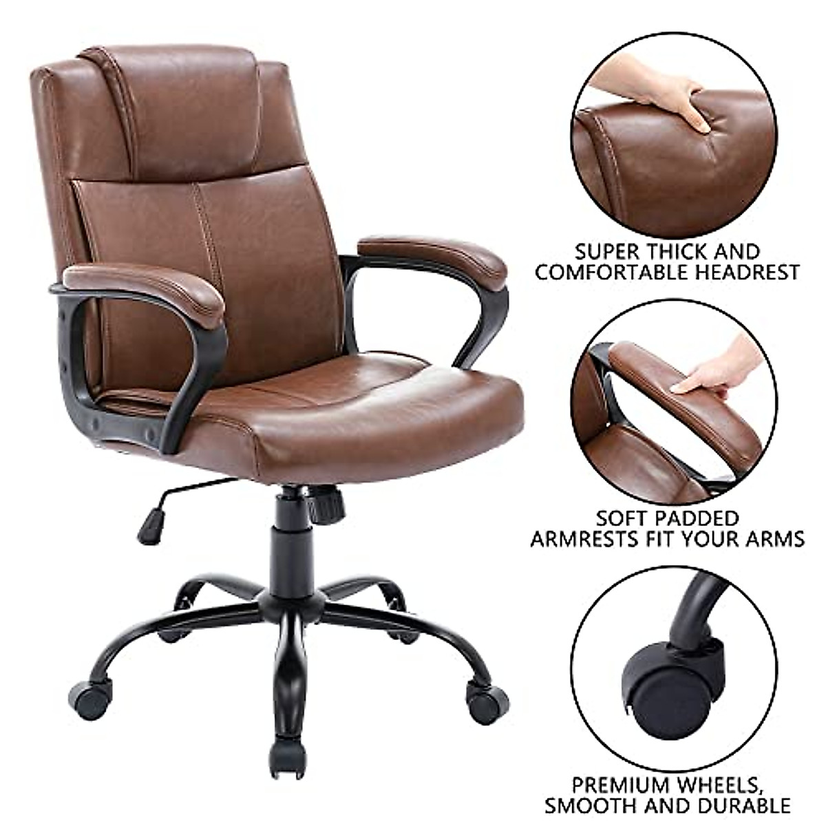 DYHOME Office Chair, Brown Office Chair, 350 LBS Brown Leather Office Chair, Mid Back Computer Chair Ergonomic Office Chair Adjustable Conference Swivel Task Chair with Padded Armrests