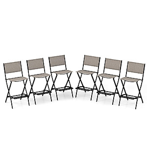 COSTWAY Outdoor Patio Bar Chair Set of 6, Folding Bar Height Stool with Metal Frame & Footrest, Patio Bar Stool for Balcony, Garden & Poolside (6, Coffee)