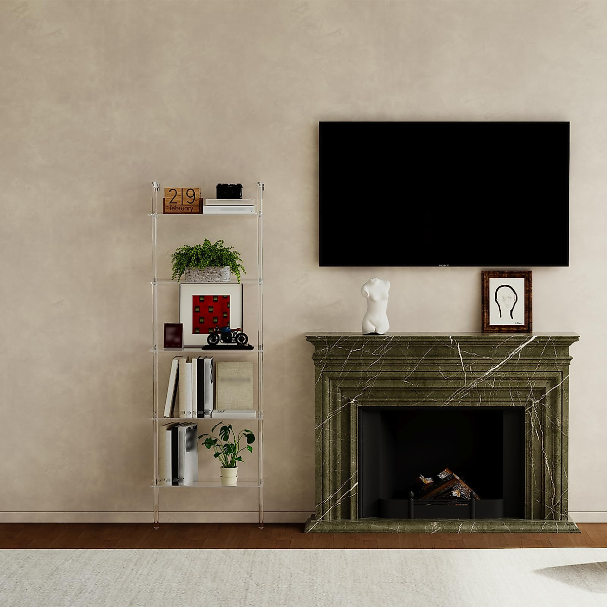 CRTERICX Acrylic Ladder Bookshelf, 5-Tier Clear Wall Mounted Bookshelf with Open Shelves, Multipurpose Bookcase for Living Room, Bathroom, Office, Modern, 11.6" D x 23.4" W x 72.6" H