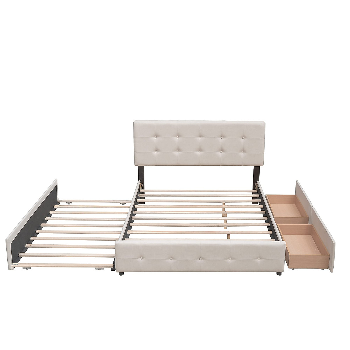 Harper & Bright Designs Upholstered Queen Size Platform Bed with 2 Storage Drawers and 1 Twin XL Trundle, Wood Queen Storage Bed with Linen Fabric for Bedroom Guestroom (Queen, Beige)