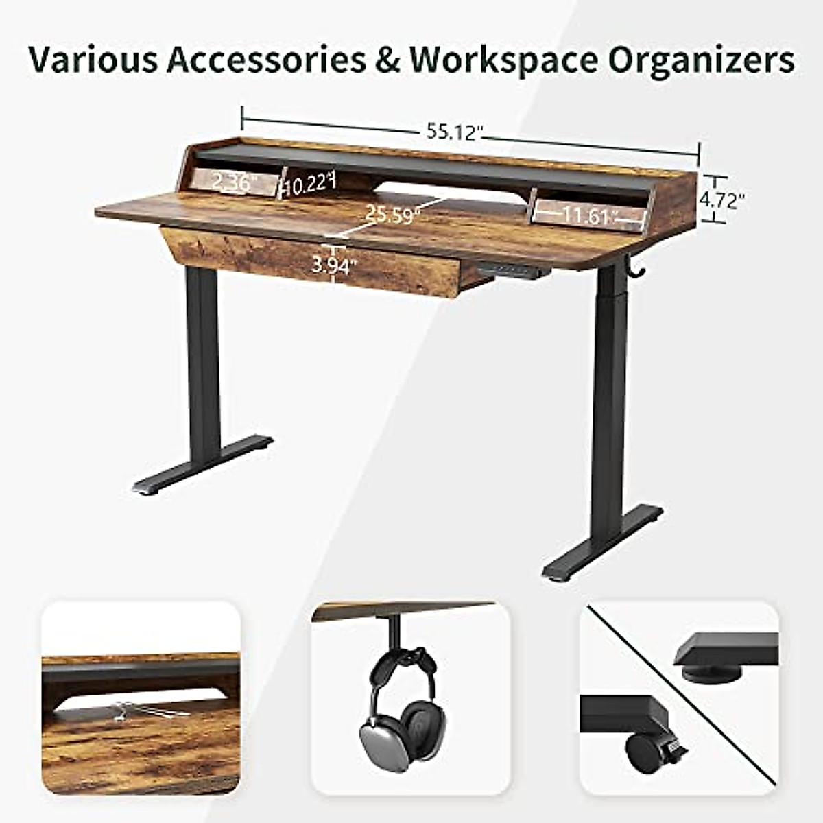 FEZIBO Electric Standing Desk, 55 x 24 Inches Height Adjustable Table, Ergonomic Home Office Furniture with 3 Drawers, Black Frame/Rustic Brown Top