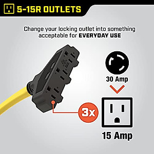 Champion Power Equipment 48034 25 ft. 30A 125V Generator Power 3750 Watts (L5-30P to Three 5-15R) Extension Cord, yellow