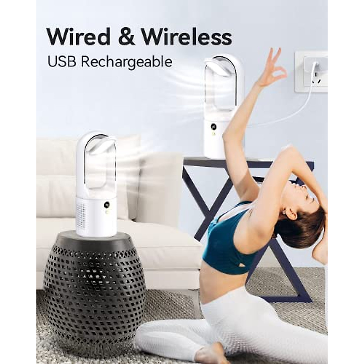 Desk Fan, 6 Speed Battery Operated Fan & Lamp 2 in 1 Bladeless Fan, Stylish 13 Inch Table Fan with LED Power Display, Type C Portable Fan with Natural Wind for Bedside Home Bedroom Office Summer Gift