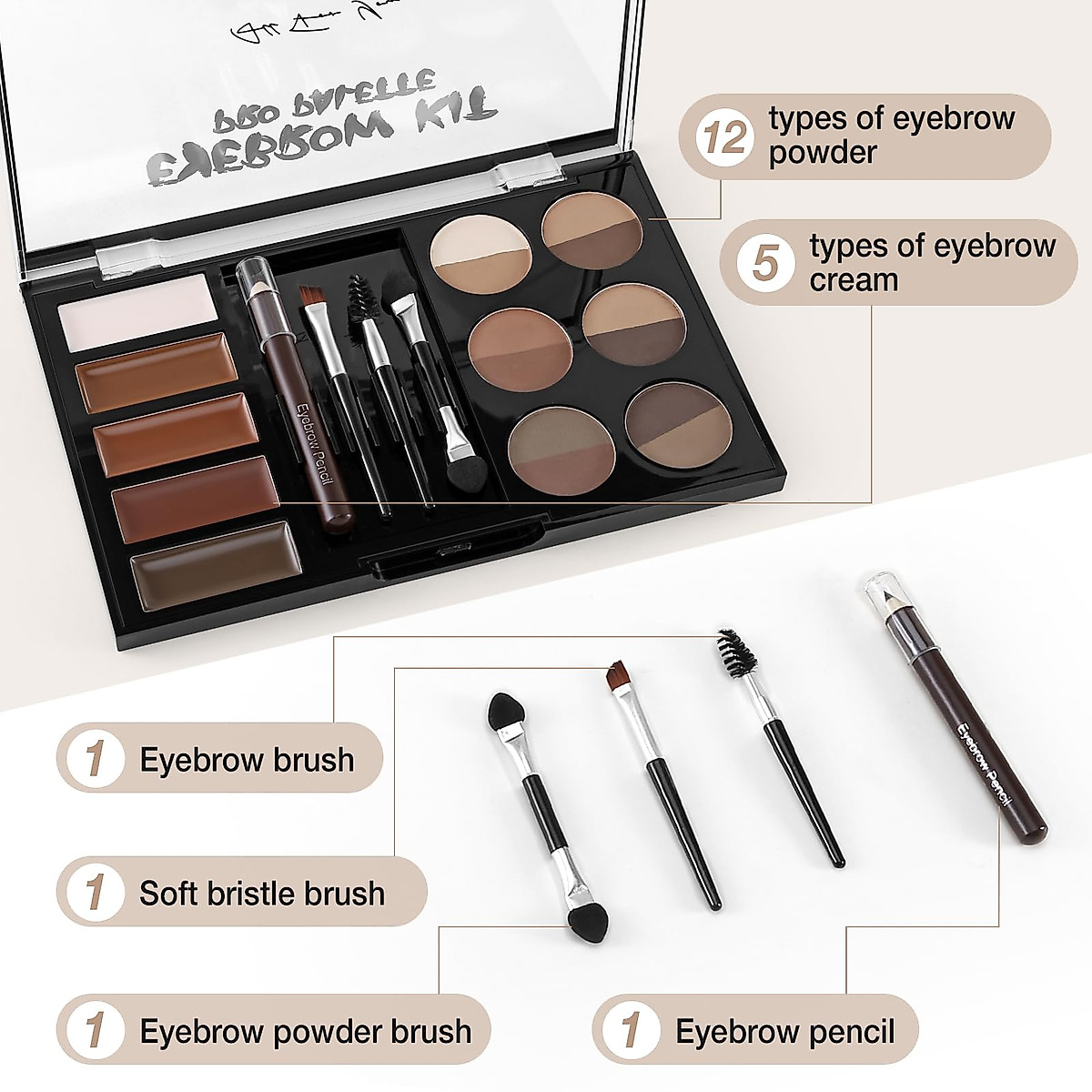 Apooliy Eyebrow Powder Palette Set, 12 Colors of Eyebrow Powder, 5 Colors of Eyebrow Mascara, 4 Eyebrow Stencils, Eyebrow Brush and Pencil, Volumizing Eyebrow Gel to Creates Natural Brows