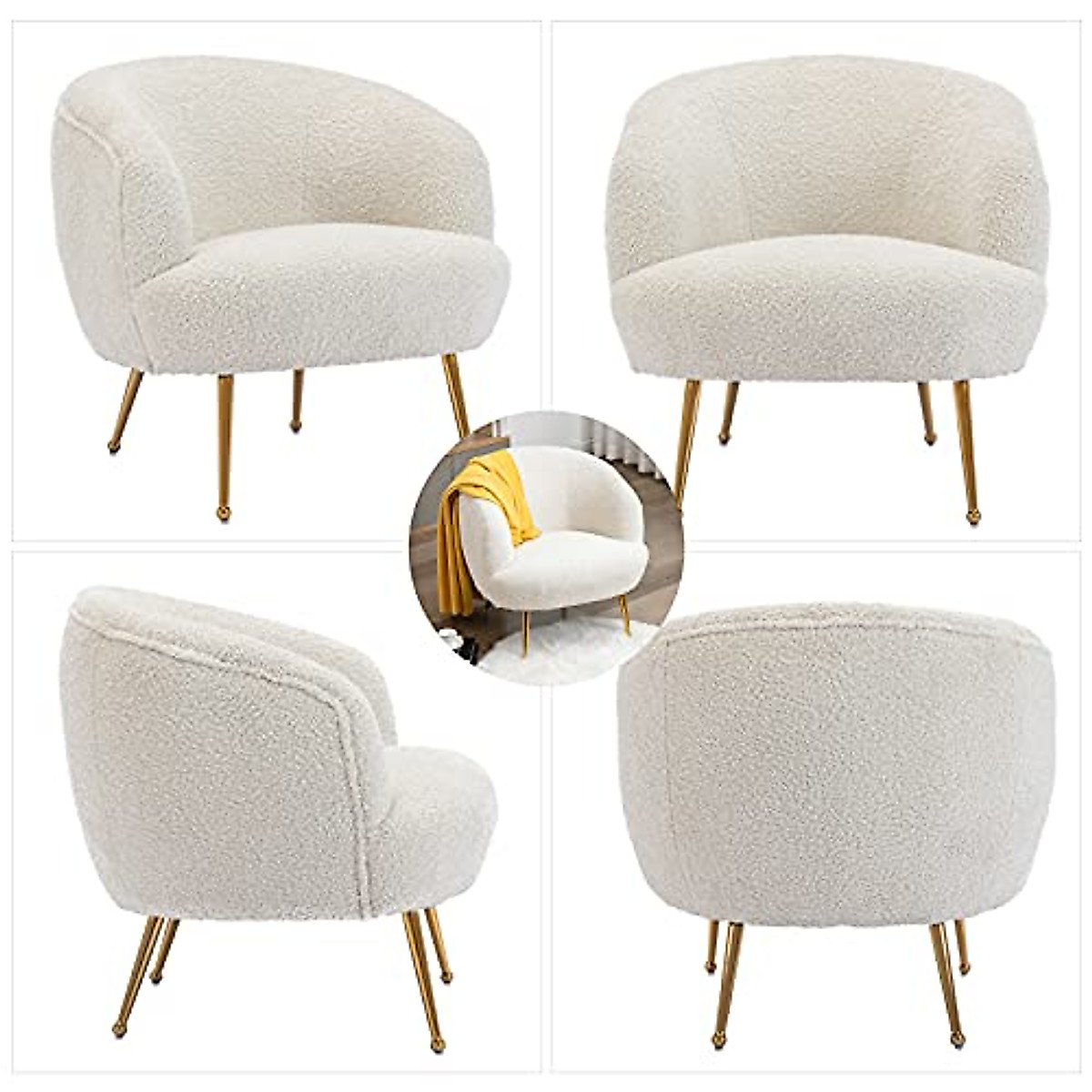 DUOMAY Modern Accent Chair Armchair Sherpa Upholstered Barrel Chair with Golden Legs Comfy Lounge Chair Single Sofa Armchair Club Chair for Living Room Bedroom Office,White