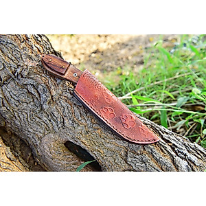 Damascus Hunting Knife - Handmade Knife, Hand Forged Fixed Blade Knife, Camping Knife & Hunting Knives - Gift Knives & Bowi Knives with Rose Wood Handle - Leather Knife Sheath