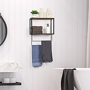 Bathroom Towel Shelf with Towel Bar Wall Mount Towel Rack with Shelves for Bathroom 2 Tier Wood Towel Shelf Organizer for Kitchen Entryway Living Room Bedroom Brown