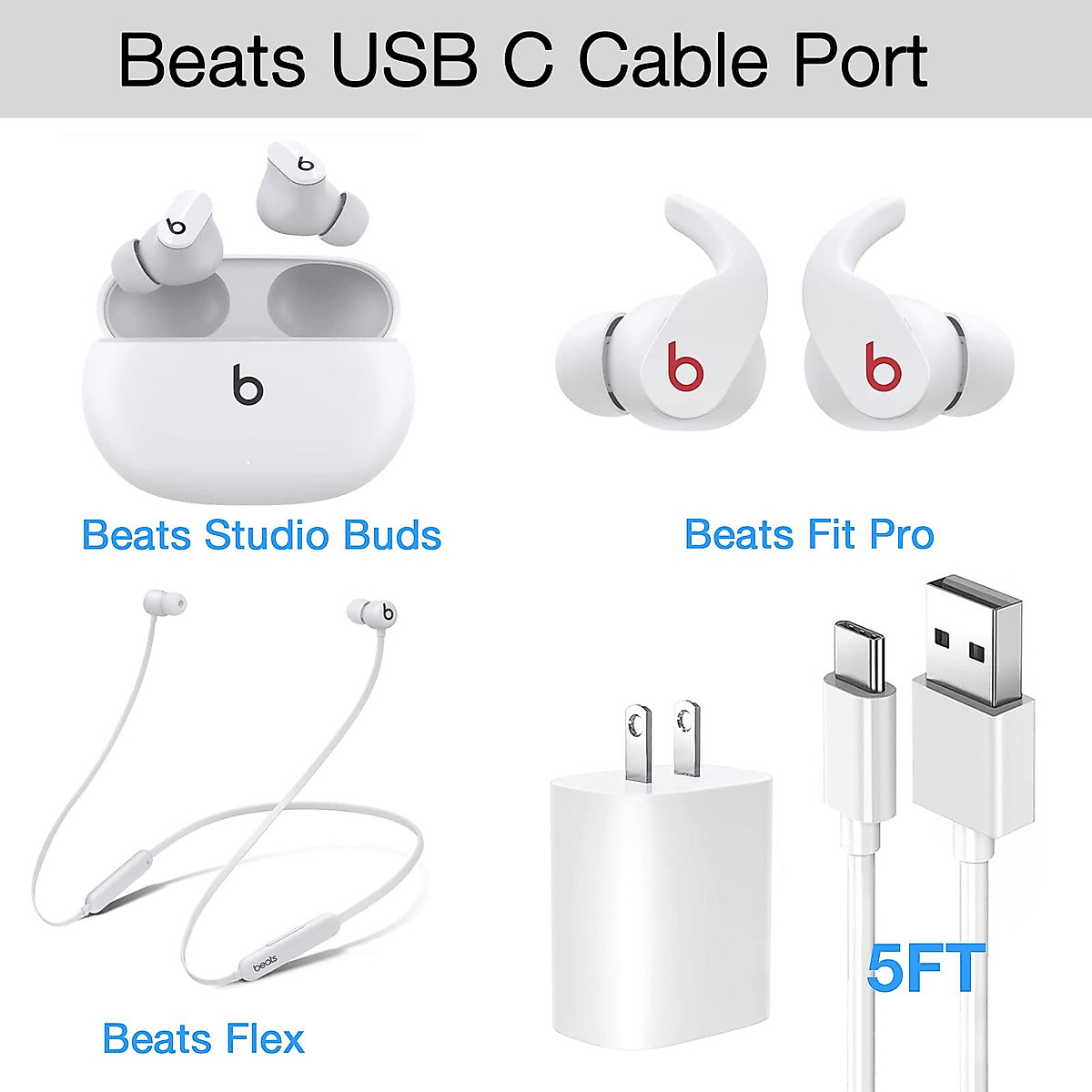 60in USB C Charger Cable for Beats Solo 4,Beats Pill 2024, Studio Buds +, Studio Pro (x Kim Kardashian), Beats Flex,Fit Pro, Wireless Earbuds Headphone Speakers Power Charging Block Cord Accessories