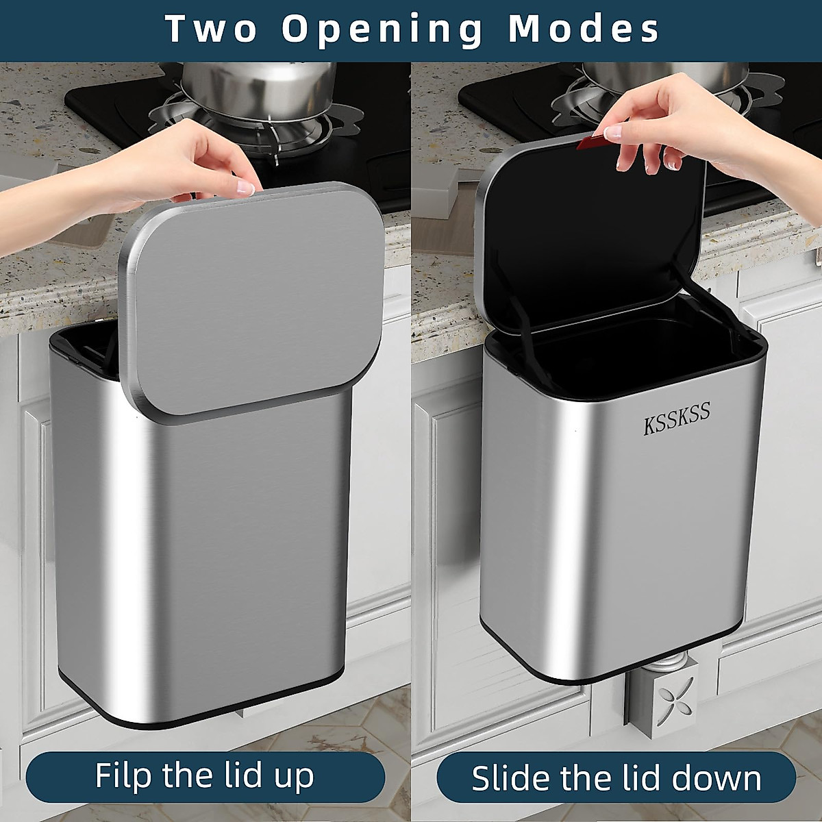 KSSKSS 2.1 Gallon Kitchen Compost Bin with Lid and Inner Bucket, 8L Stainless Steel Hanging Trash Can with Removable Inner Bucket for Cupboard/RV, Mountable Indoor Compost Bucket (Silver)