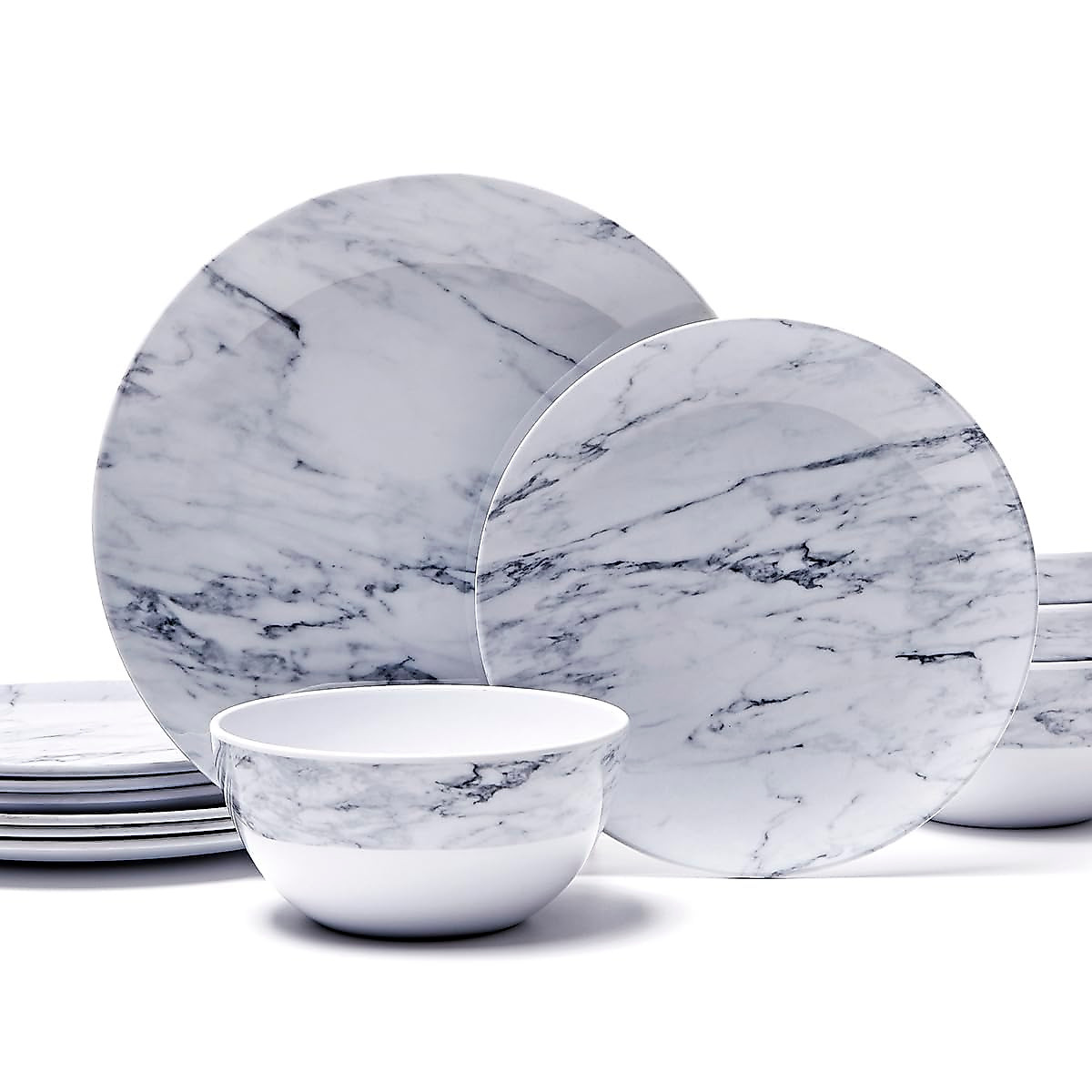 TP 12-Piece Dinnerware Set, Melamine Dishes Set with Bowls and Plates, Non-breakable Lightweight Dinner Service for 4, Marble Pattern