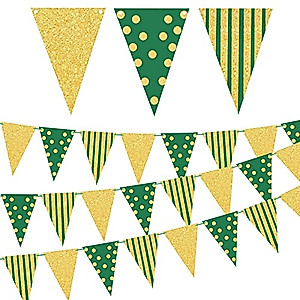 Green Gold Party Decorations, Hanging Glitter Paper Triangle Flag Pennant Banner for St. Patrick's Day Graduation Carnival Bachelorette Engagement Wedding Birthday Baby Bridal Shower 24.6Ft