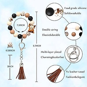 Nabegum Cow Print Silicone Beaded Bracelet Keychain Wristlet Key Ring Bangle Chains Western Highland Stuff Gifts for Women with Leather Tassel (Brown)