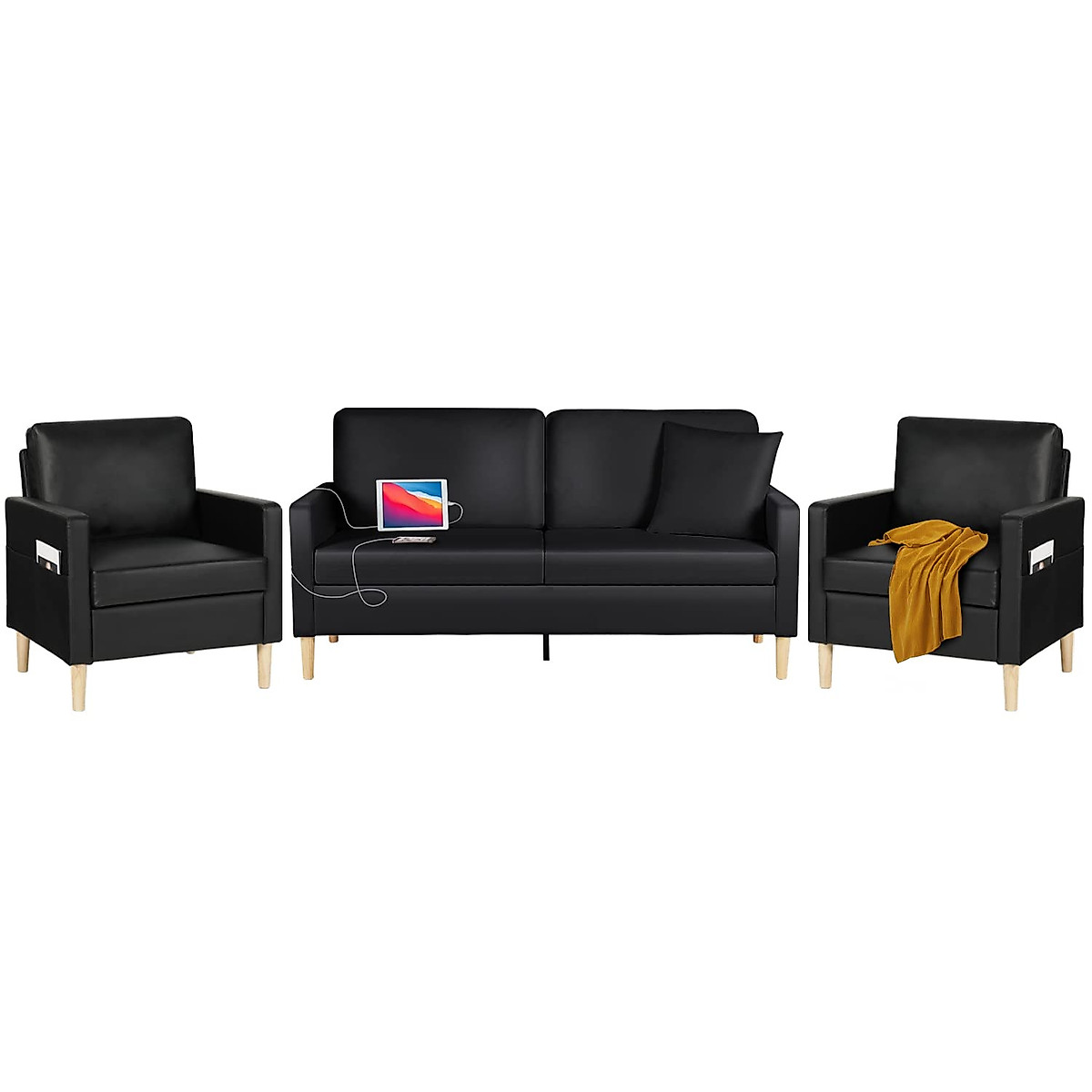TYBOATLE Modern PU Leather Living Room Furniture 3 Pieces Sectional Sofa Couches Sets, Loveseat w/ 2 USB Charging Ports and Comfy Accent Arm Chairs for Small Space, Apartment, Office, Studio (Black)