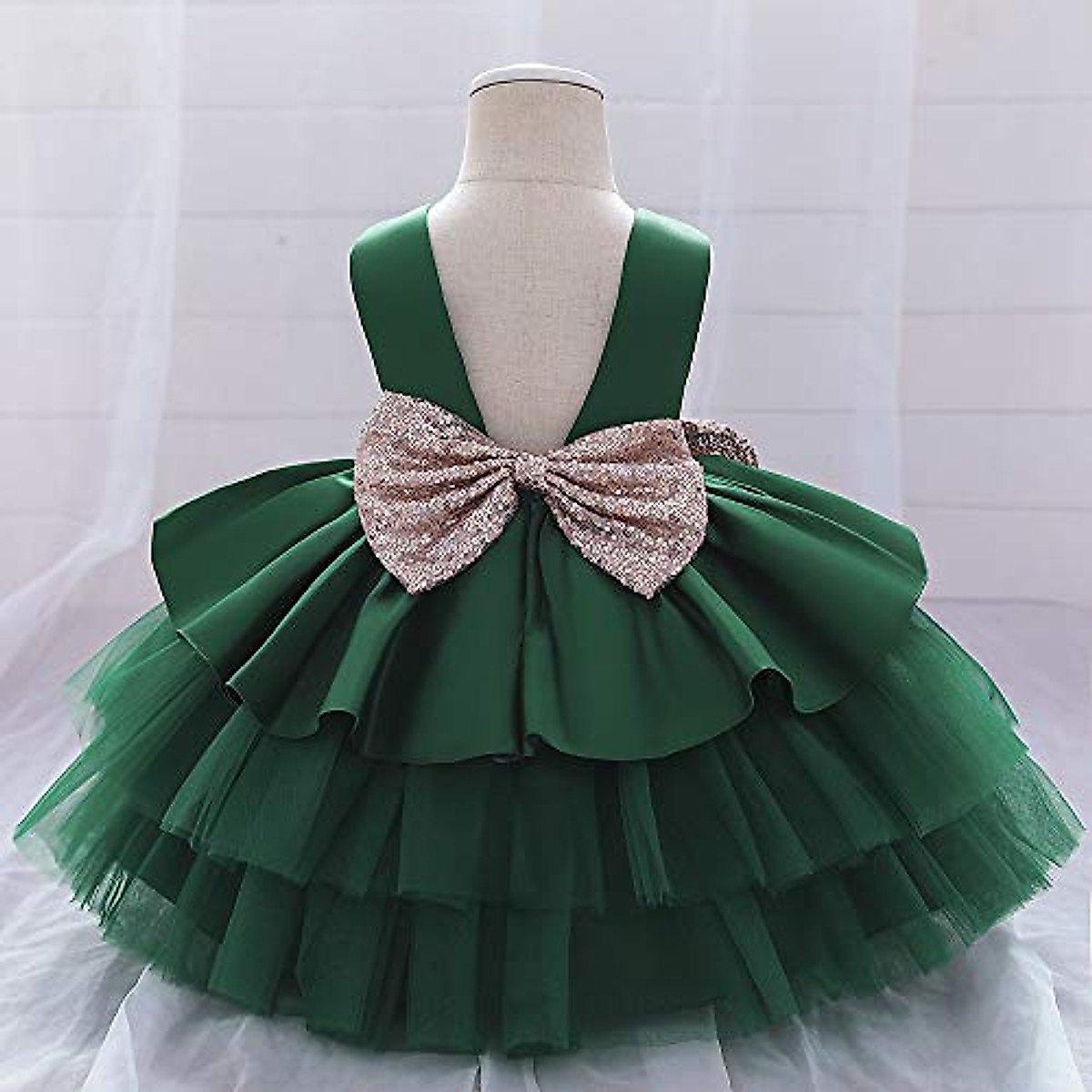 AVAZU 6M-5T Toddler Baby Girls Backless Big Sequins Bowknot Tutu Gown Formal Wedding Party Easter Ball Gown Christmas Dress Dark Green 90