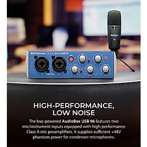 PreSonus AudioBox 96 Studio USB 2.0 Recording Bundle with Interface, Headphone, Microphone & Studio One Artist, Blucoil Boom Arm, 10' XLR & Instrument Cables, USB-A Mini Hub and 3' USB Extension Cable