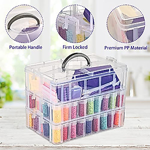 QUEFE 3-Tier Diamond Painting Storage Container, 100 Slots Clear Stackable Bead Organzier with Diamond Painting Accessories and Tools for DIY Diamond Art Craft Jewelry Bead Storage
